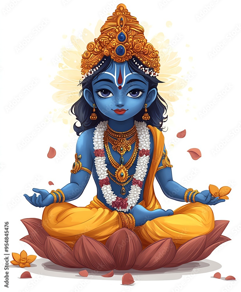 Krishna meditating in a serene and peaceful pose, illustrated in a flat ...