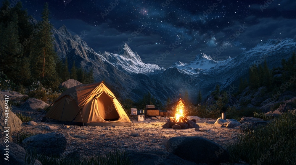 Night Camping under a Starry Sky: A serene and inviting scene of a ...