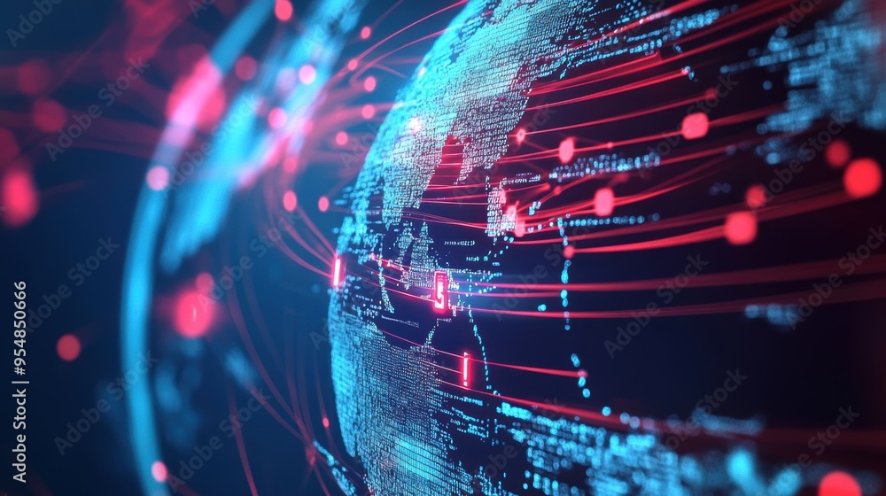 Digitally rendered animation of a global network map with nodes ...