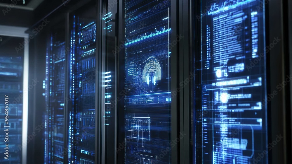 Modern data center filled with high-tech servers displaying vibrant ...