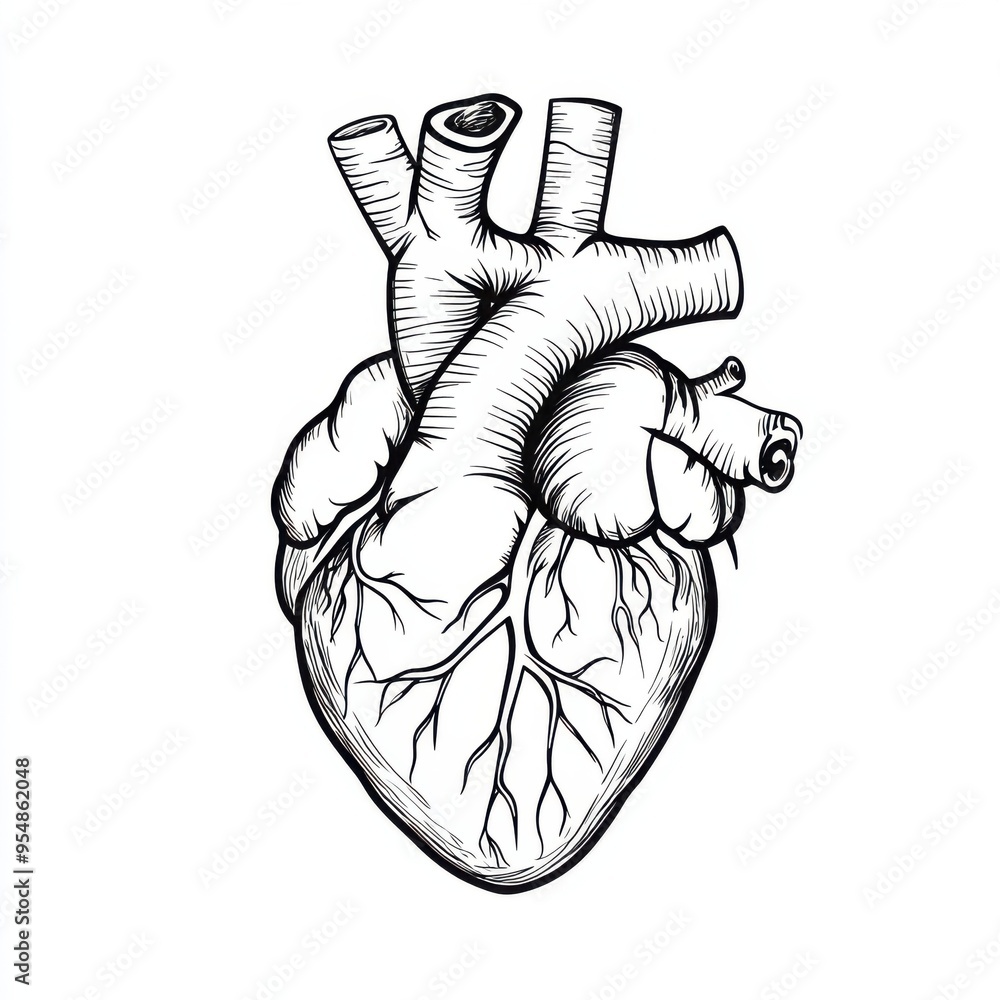 Detailed Black and White Outline of a Human Heart with Anatomical ...