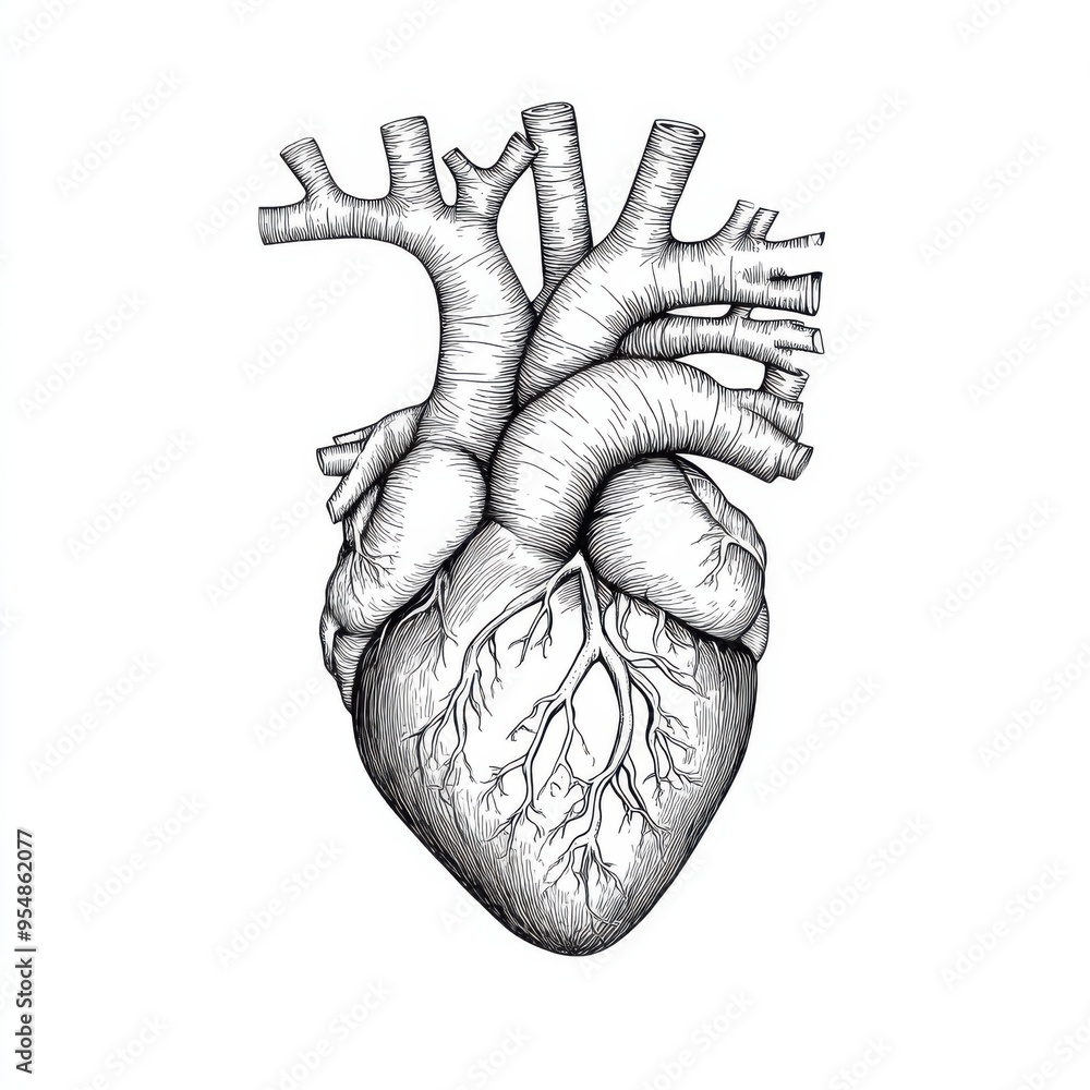 Detailed Black and White Outline of a Human Heart with Anatomical ...