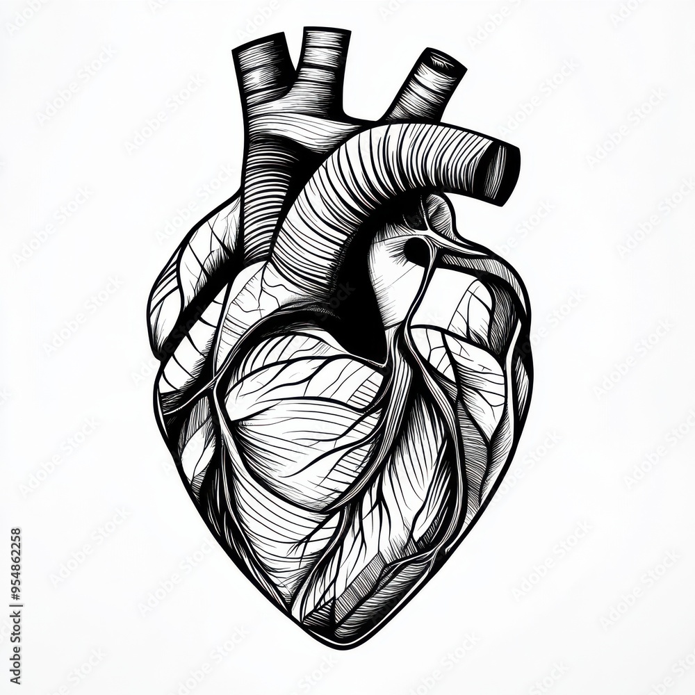 Detailed Black and White Outline of a Human Heart with Anatomical ...