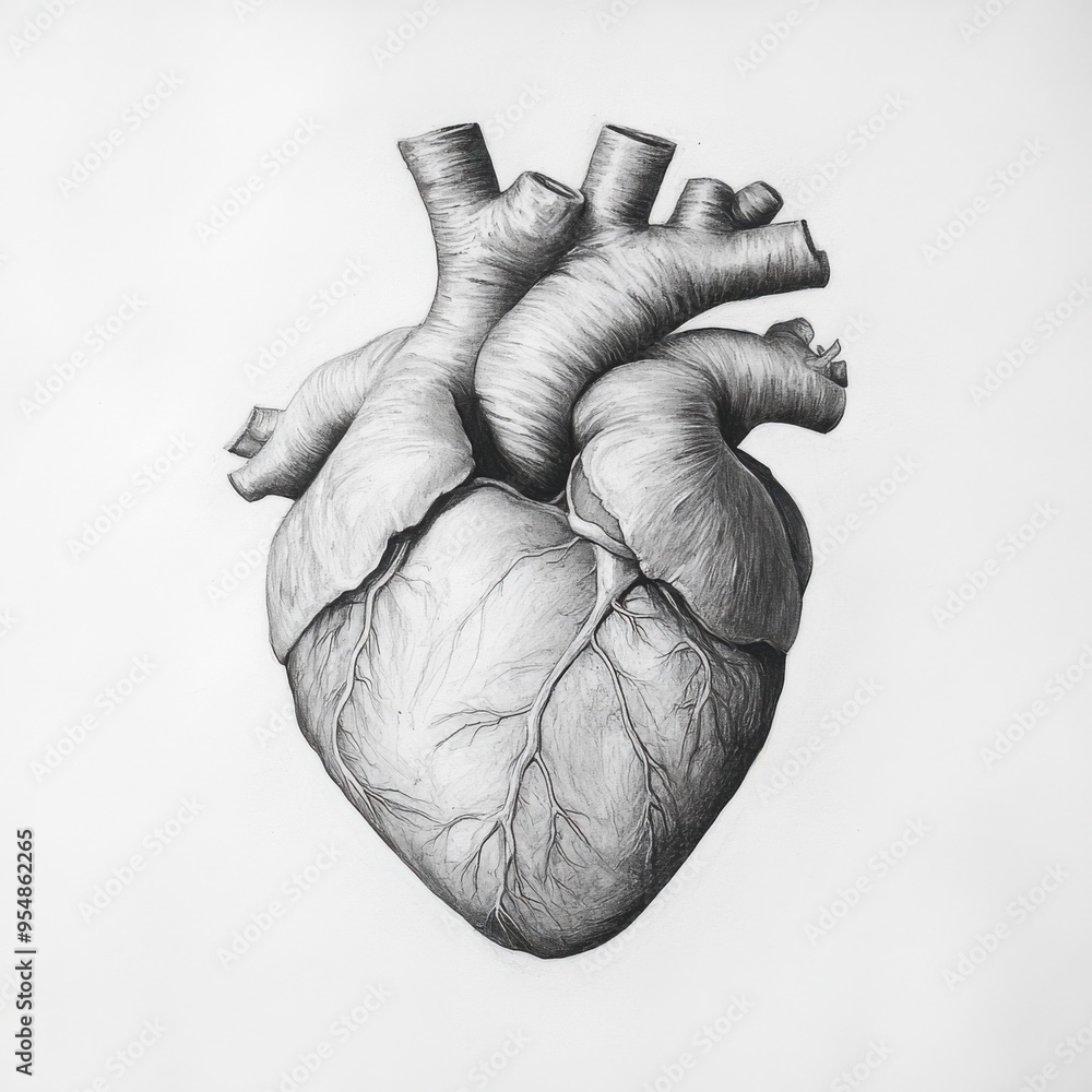 Detailed Black and White Outline of a Human Heart with Anatomical ...