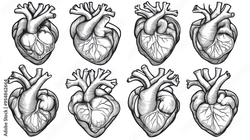 Detailed Black and White Outline of a Human Heart with Anatomical ...