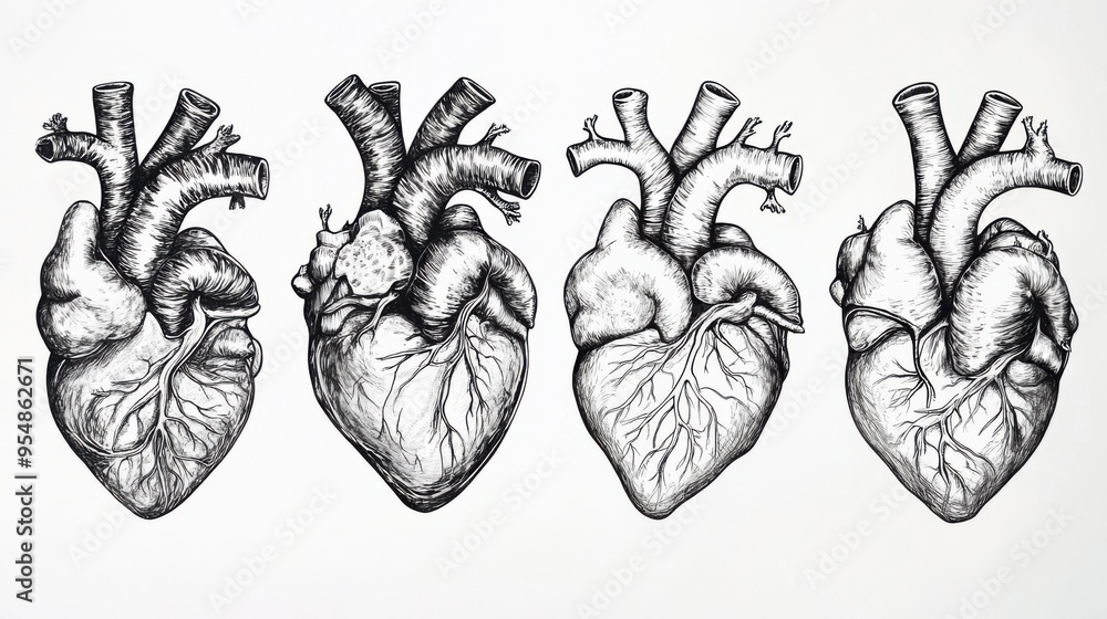 Detailed Black and White Outline of a Human Heart with Anatomical ...