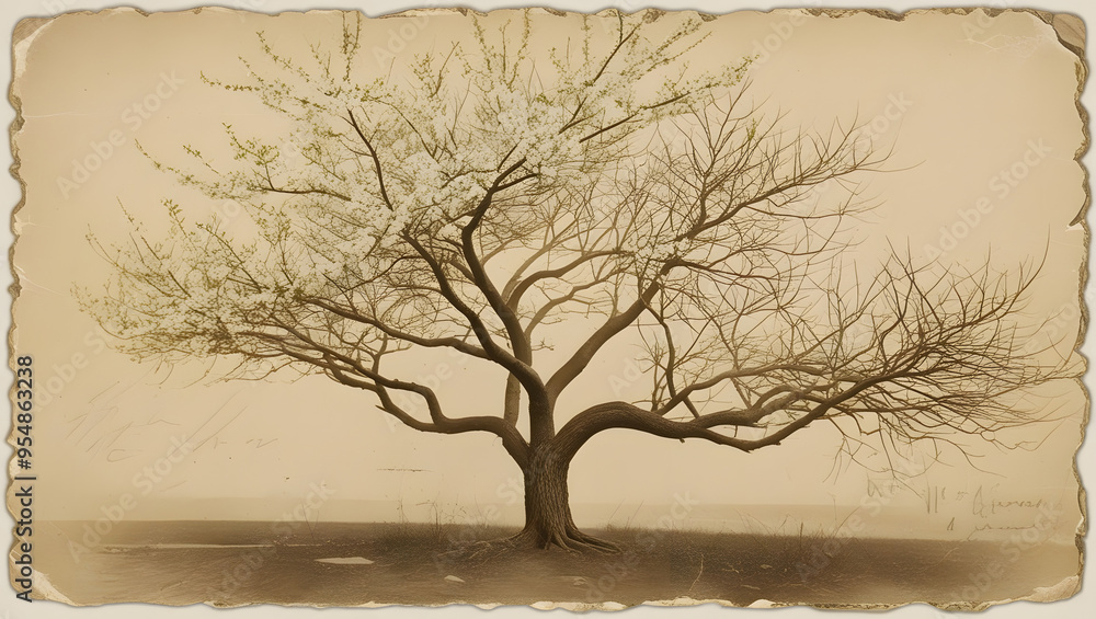 Faded Photograph of Tree Half-Blooming and Half-Bare Symbolizing Memory ...