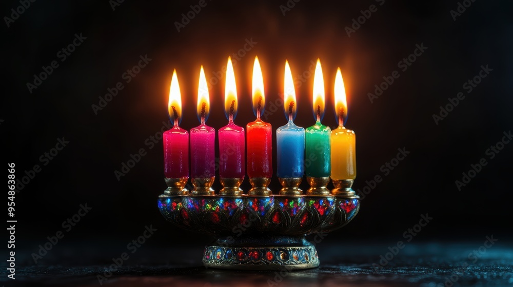 A menorah with brightly lit, multicolored Hanukkah candles is captured ...