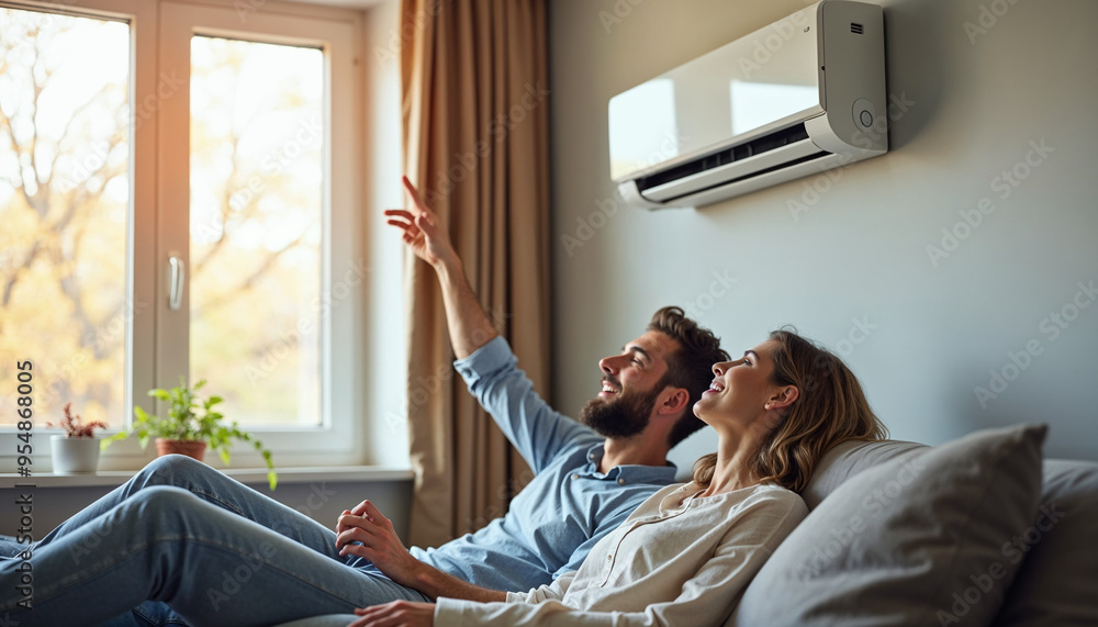 Young family couple enjoying life in their apartment with a modern air ...
