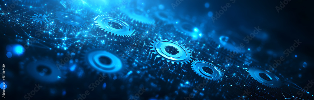 “Blue Gear Elements on a Dark Background with Glowing Edges ...