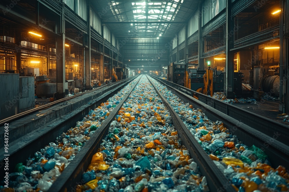 The interior of an industrial plastic waste recycling plant with a wide ...