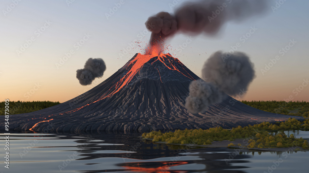 Realistic 3D Render of an Active Volcano Erupting with Lava Flow and ...