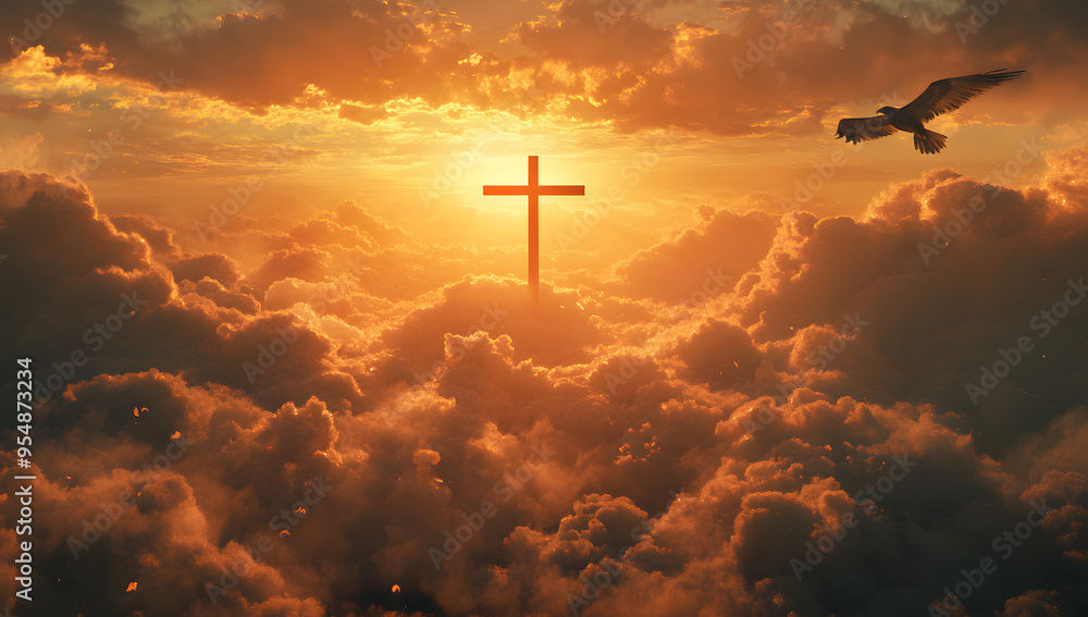 “Majestic Eagle Soaring Above a Floating Cross in the Sky, Symbolizing ...