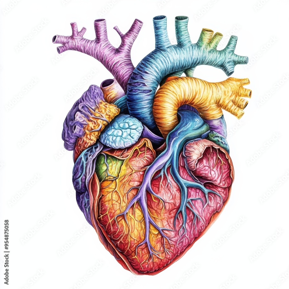 Detailed Colored Illustration of a Human Heart with Cutaway View ...