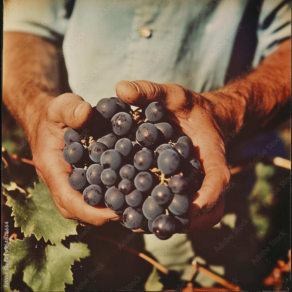 A vintage-style photograph of a grape farmer during harvest, showcasing ...