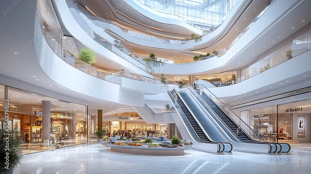 Multistory shopping mall blueprint atriums escalators retail spaces ...