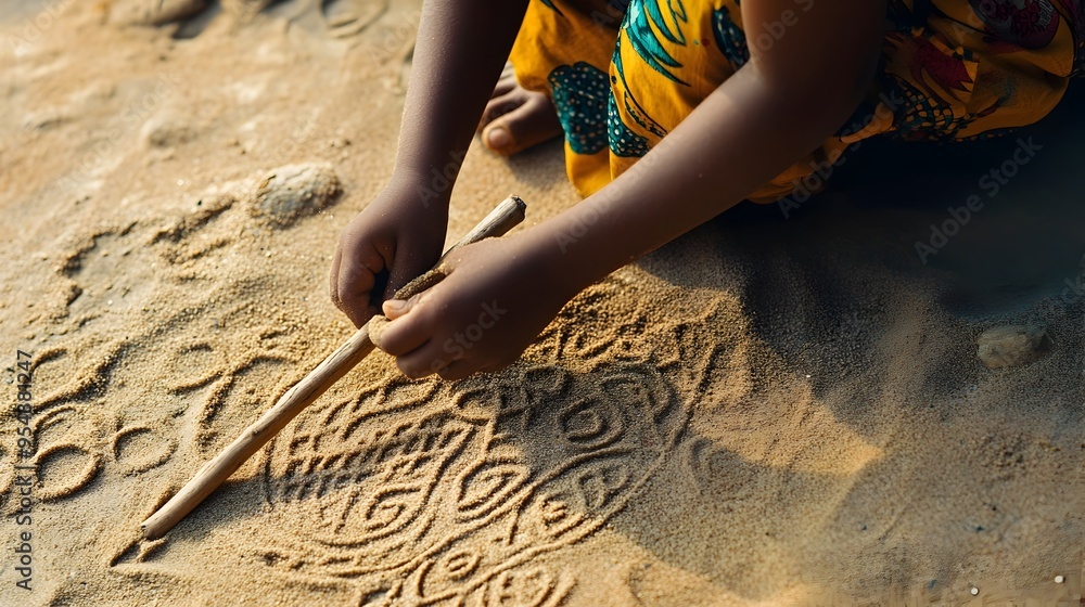 Closeup view of a young child diligently drawing and creating intricate ...