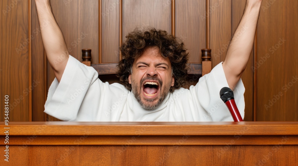 The judge expresses excitement in the courtroom, raising arms in ...