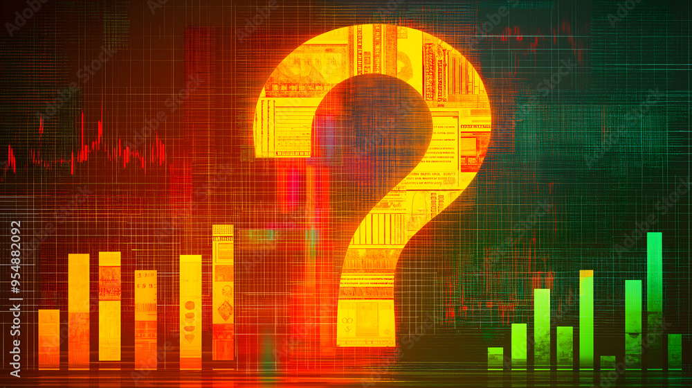 Yellow question mark icon on the futuristic screen with charts, a ...