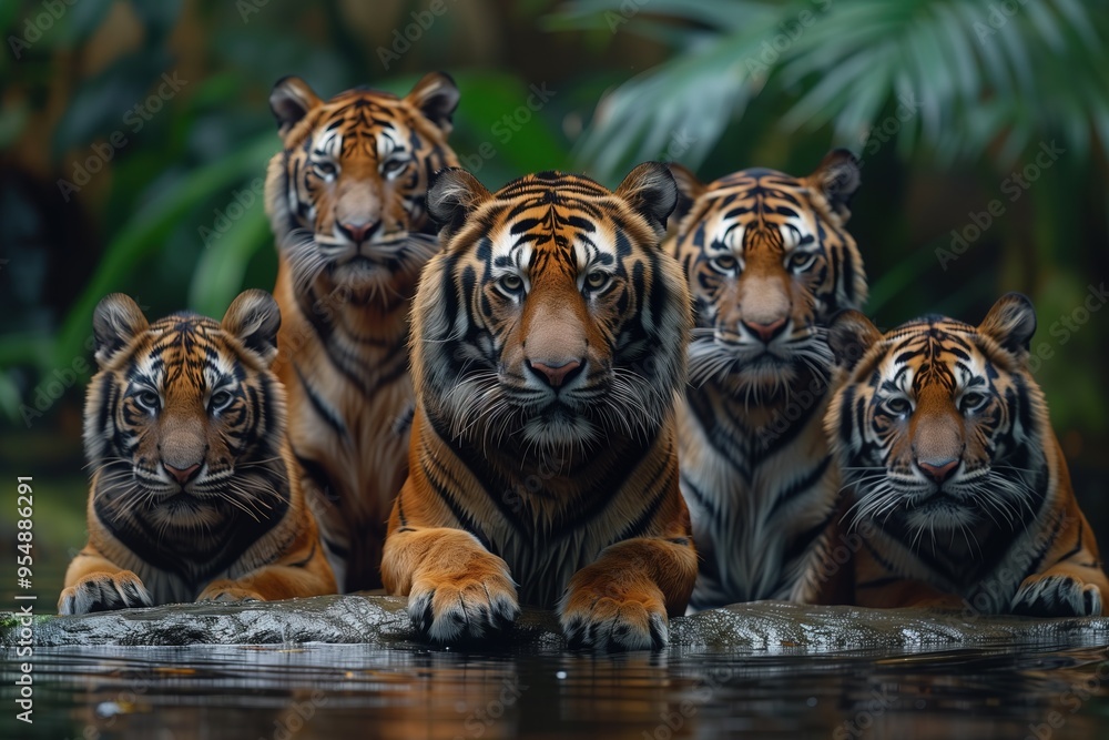 Five majestic tigers pose together near water in jungle. Pride with ...