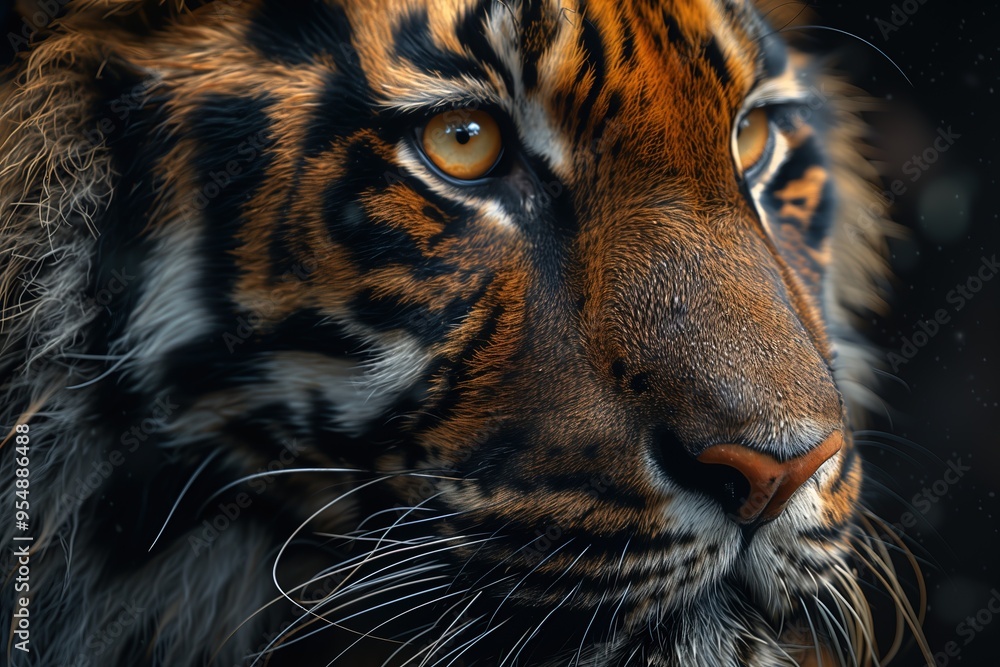 Tiger looking sideways, profile of powerful predator extremely close-up ...