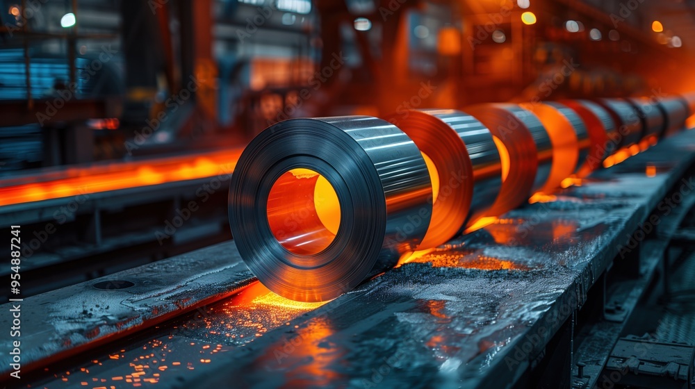 Multiple Glowing Steel Coils on Rolling Line. Multiple glowing steel ...