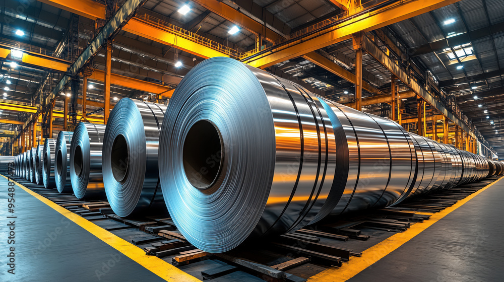 Large Steel Coils on Wooden Pallets in Factory. Large steel coils are ...