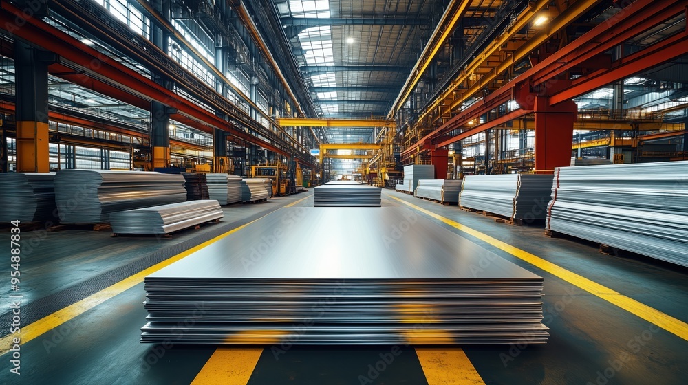 Spacious Factory with Stacked Metal Sheets. View of a large factory ...