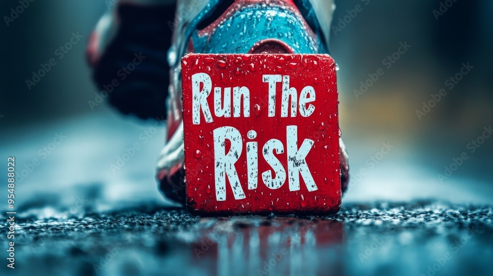 A wet red brick bearing the phrase 'Run The Risk' lays on a ground ...