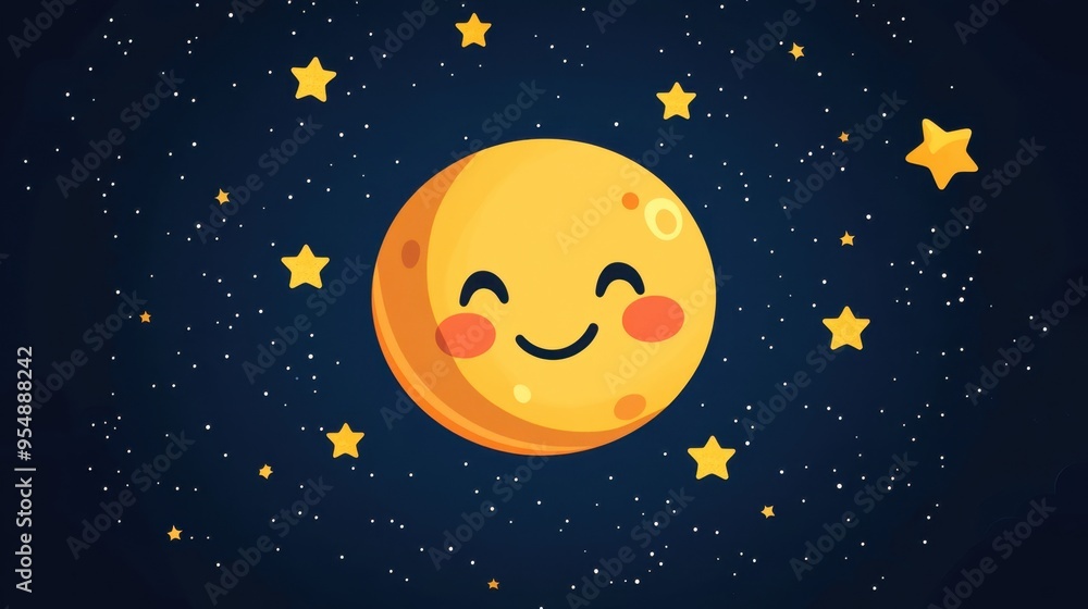 Cute Smiling Moon with Stars in Night Sky - Cartoon Illustration. Stock ...