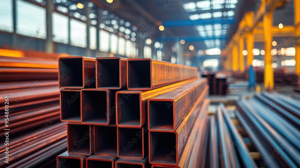 Square Steel Tubes Stacked in Industrial Warehouse. Close-up of square ...