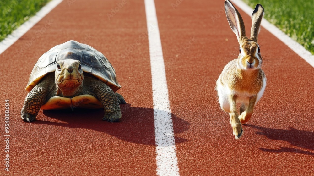A vivid photograph showing a tortoise and a hare side by side on a ...