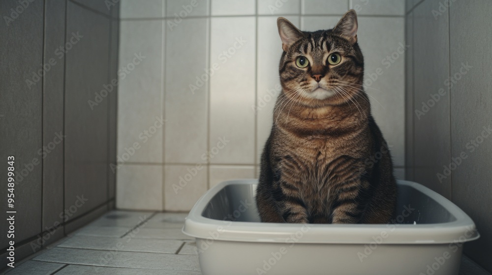 A fat cat sitting in a spacious litter box, with its head turned to ...