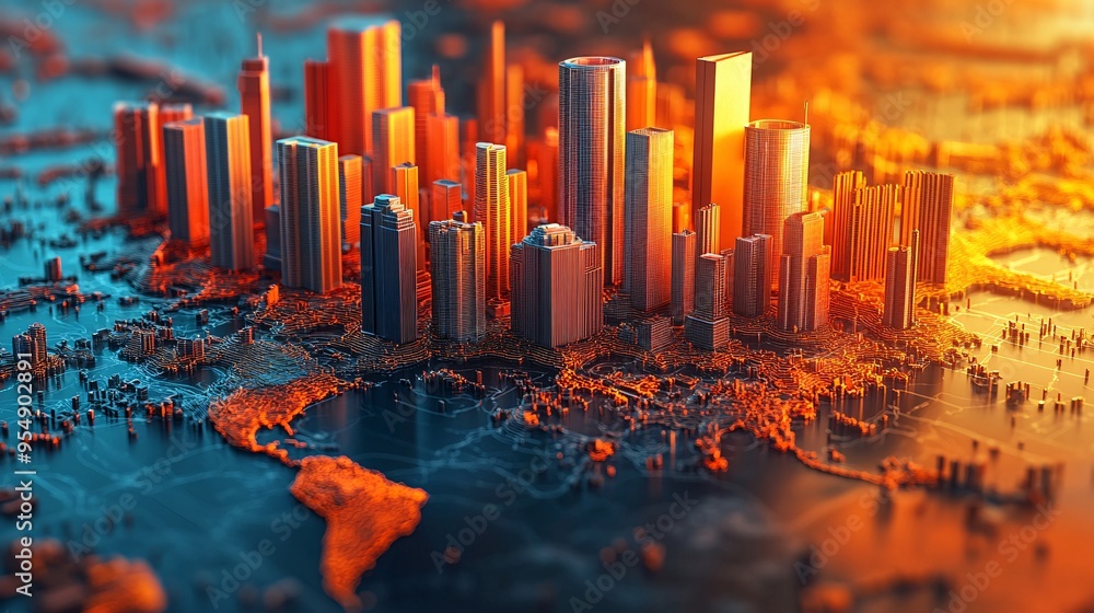 Global market expansion map - Business meeting with illuminated city ...