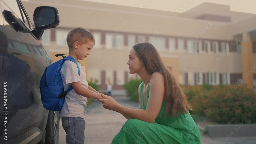 Back to school. Mom meets her son at school. Child mother family concept. Mom brings her boy ...