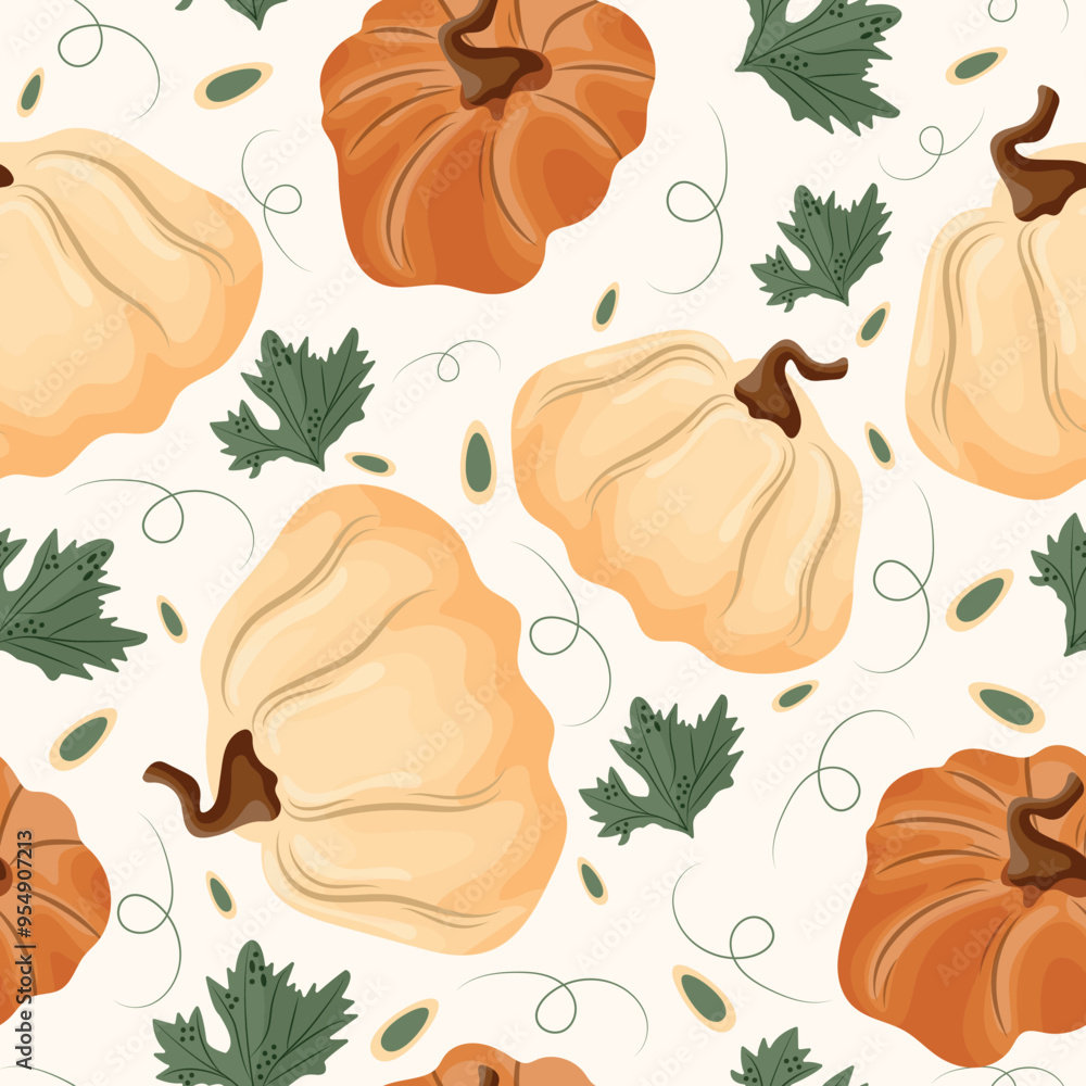 seamless autumn pattern with two types of pumpkins of round and convex ...