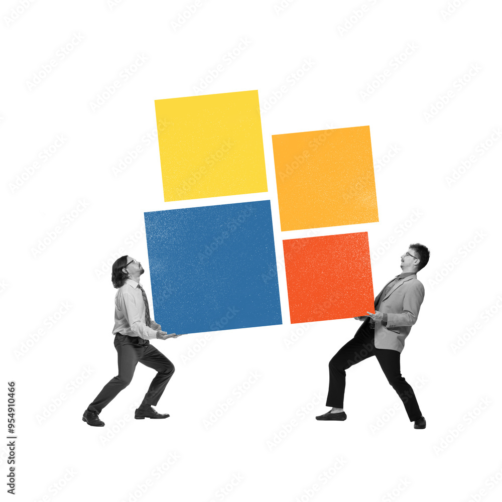 Poster. Contemporary art collage. Two men lift colorful squares ...