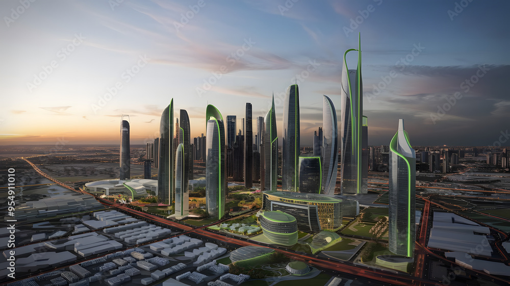 Digital Depiction of Futuristic Saudi City with Green Lights ...