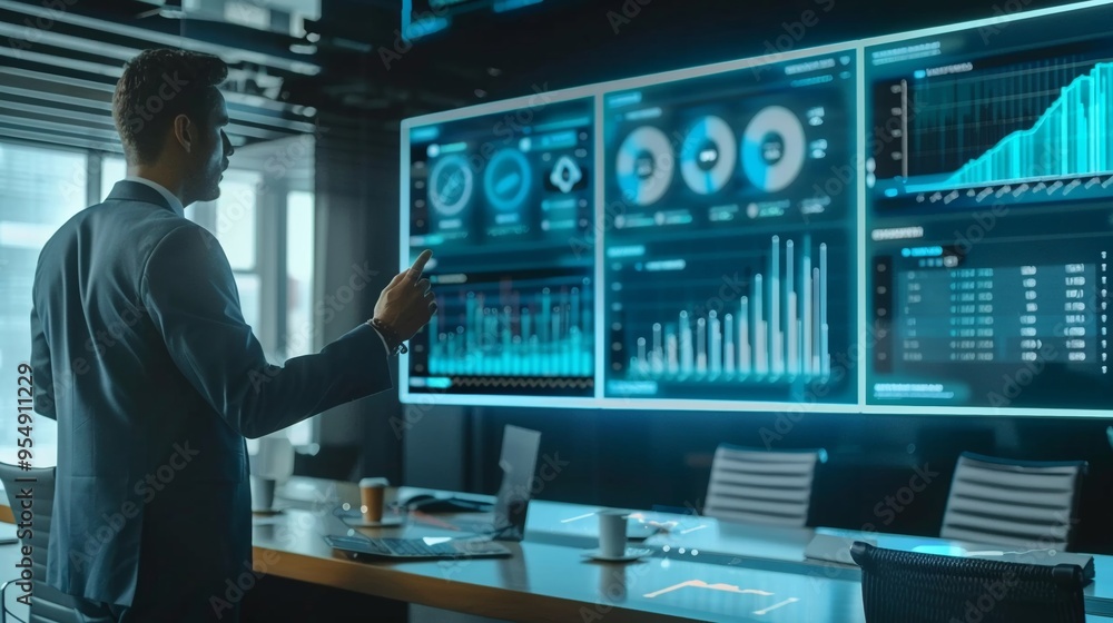 Data analyst presenting big data insights performance metrics displayed ...