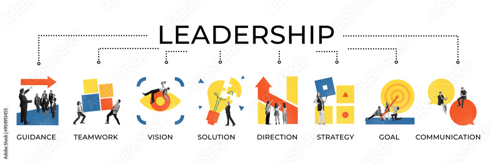 Poster. Contemporary art collage. Overview of leadership principles ...