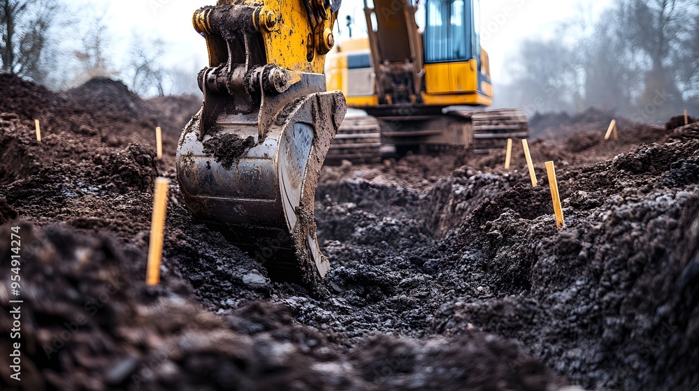 Excavator Digging Foundation: A large excavator digging deep into the ...