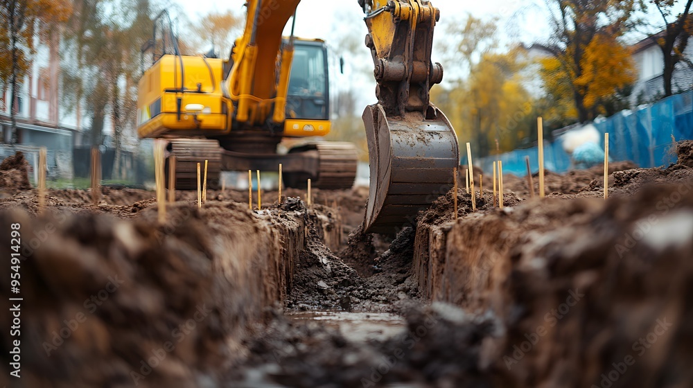 Excavator Digging Foundation: A large excavator digging deep into the ...