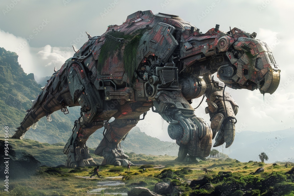 Imagine a hyper-realistic scene where a colossal mecha dinosaur ...