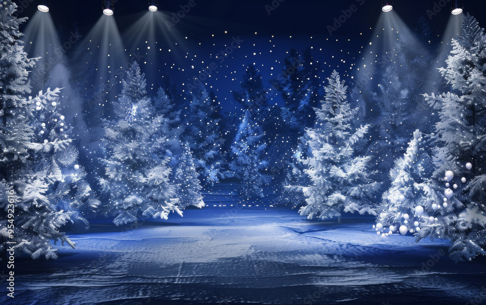 Christmas winter night scene with snow-covered pine trees and bright ...