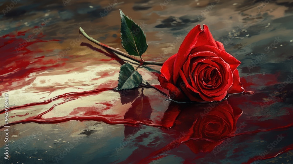 A poignant tableau of a red rose in a blood pool, capturing the essence ...