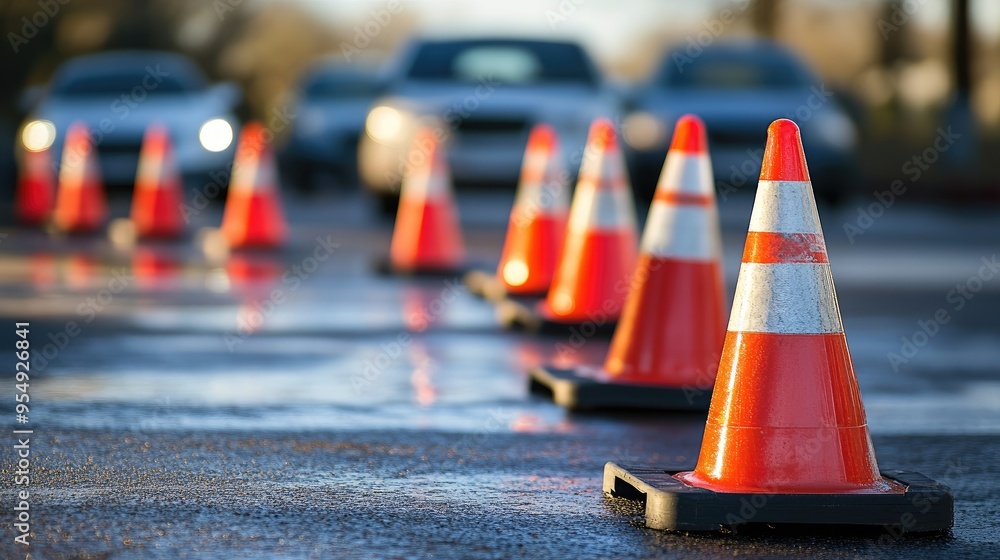 Orange traffic cones line a street. This photo represents safety and ...