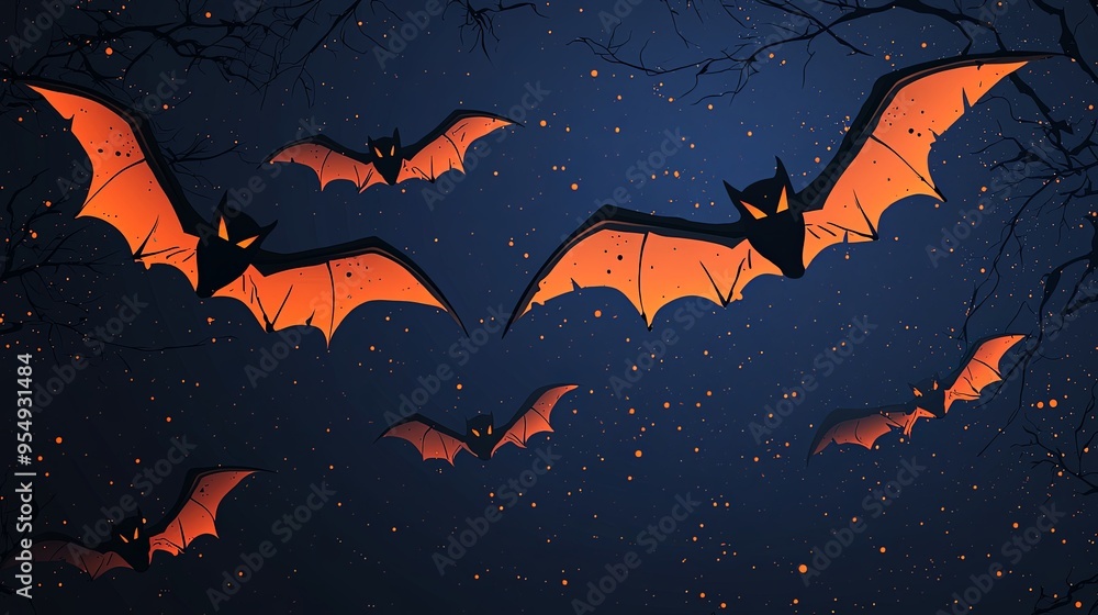 Silhouetted bats with glowing eyes flying against a deep blue, starry ...