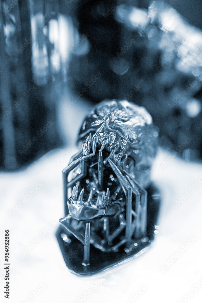 Model of head printed on a 3D printer from black rubber, close-up. Part ...