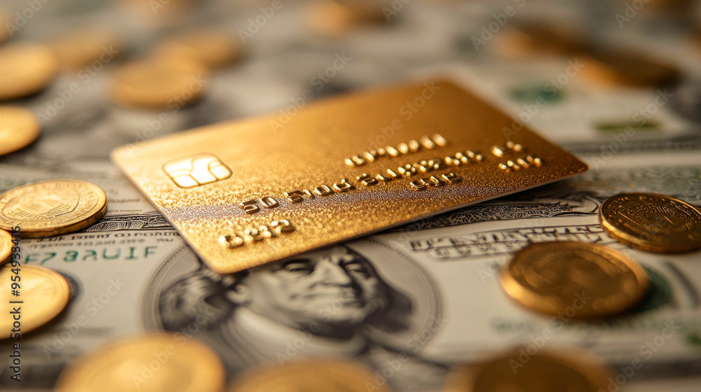Gold credit card is lying on top of hundred us dollar bills and gold ...