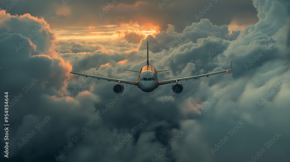Airplane during flight, creative photography. Plane in the sunset sky ...
